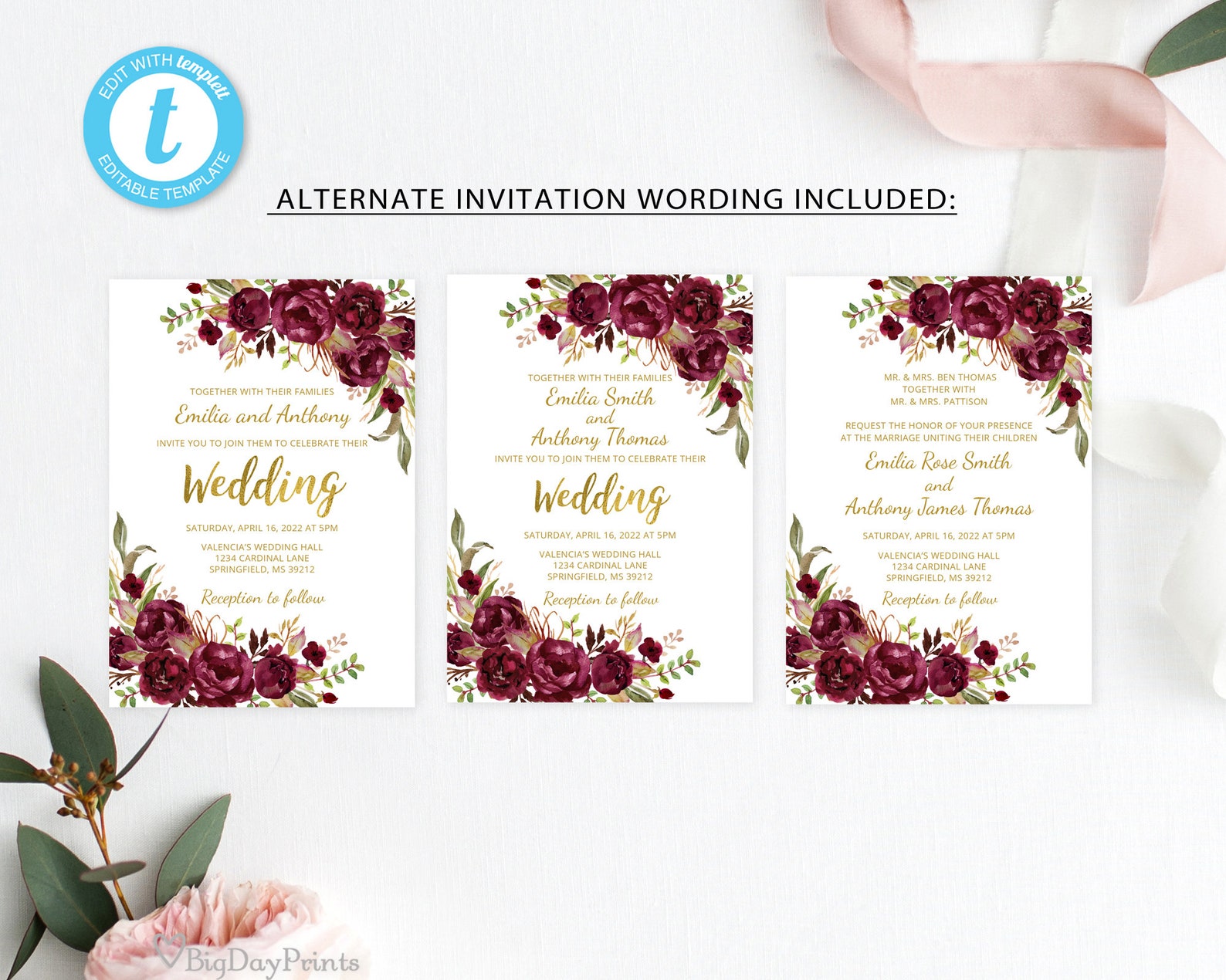 Burgundy Wedding Invitation Template Boho Chic Wedding | Etsy