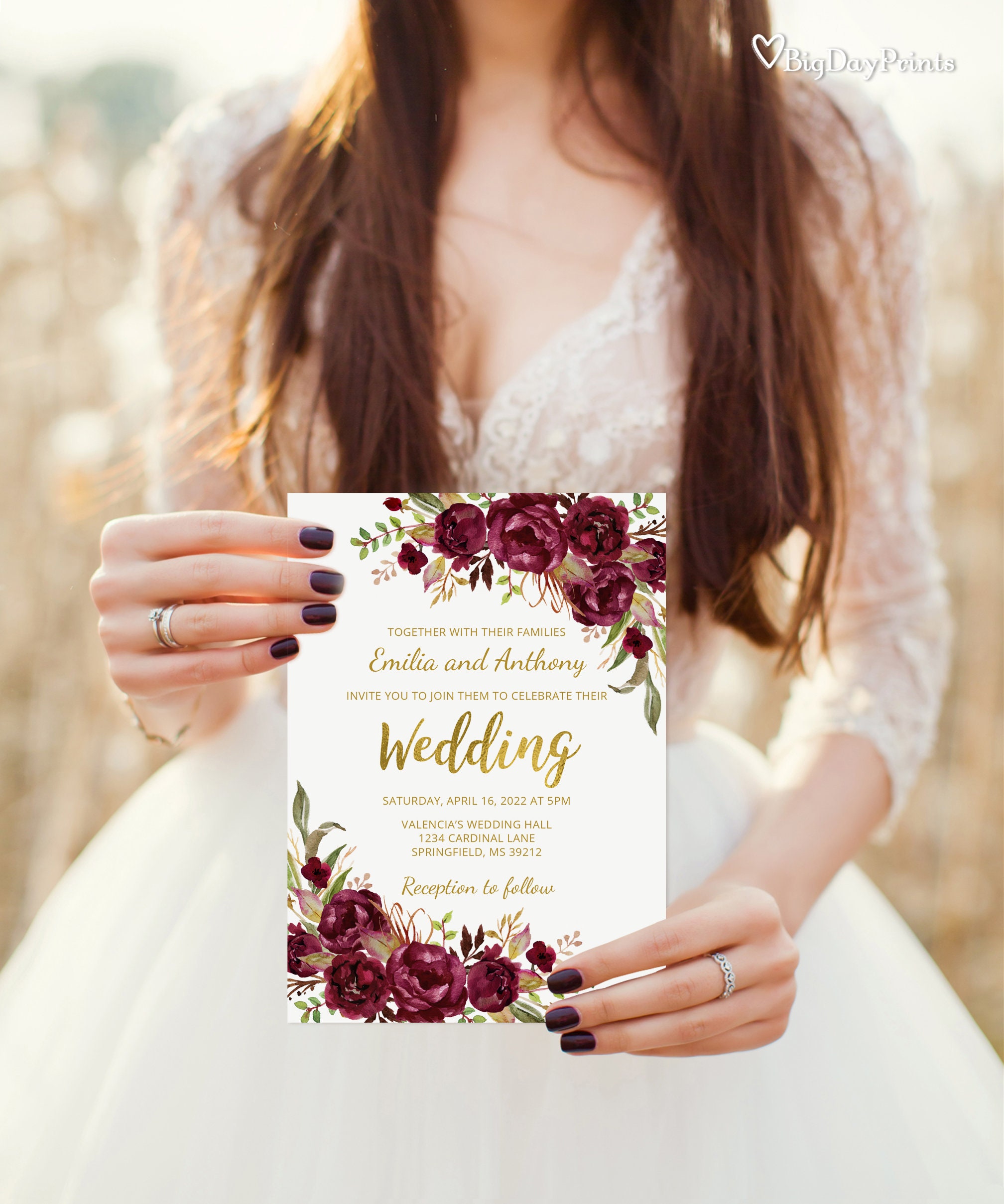 Marsala Wedding Invitation Template, Boho Chic Wedding Invite, Gold ...