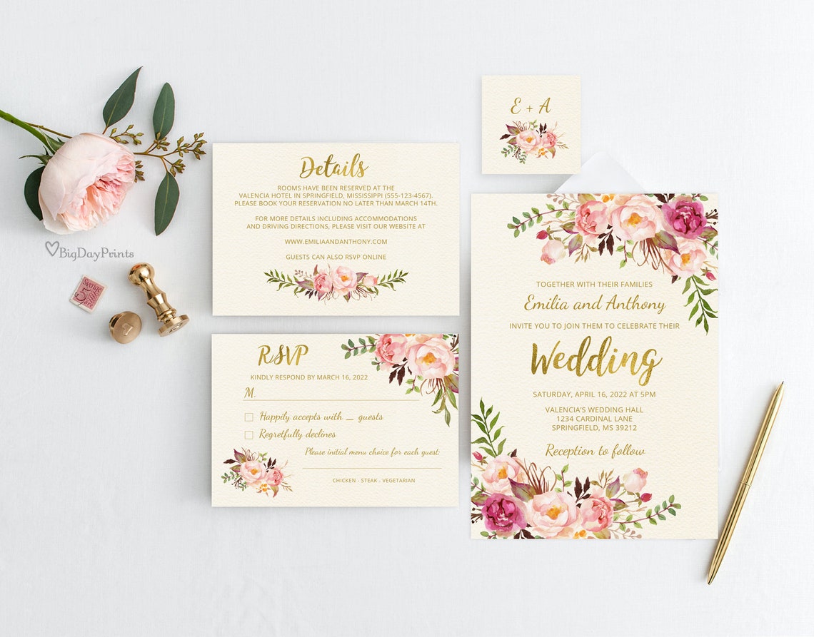 Ivory Floral Wedding Invitation Template Gold Bohemian | Etsy