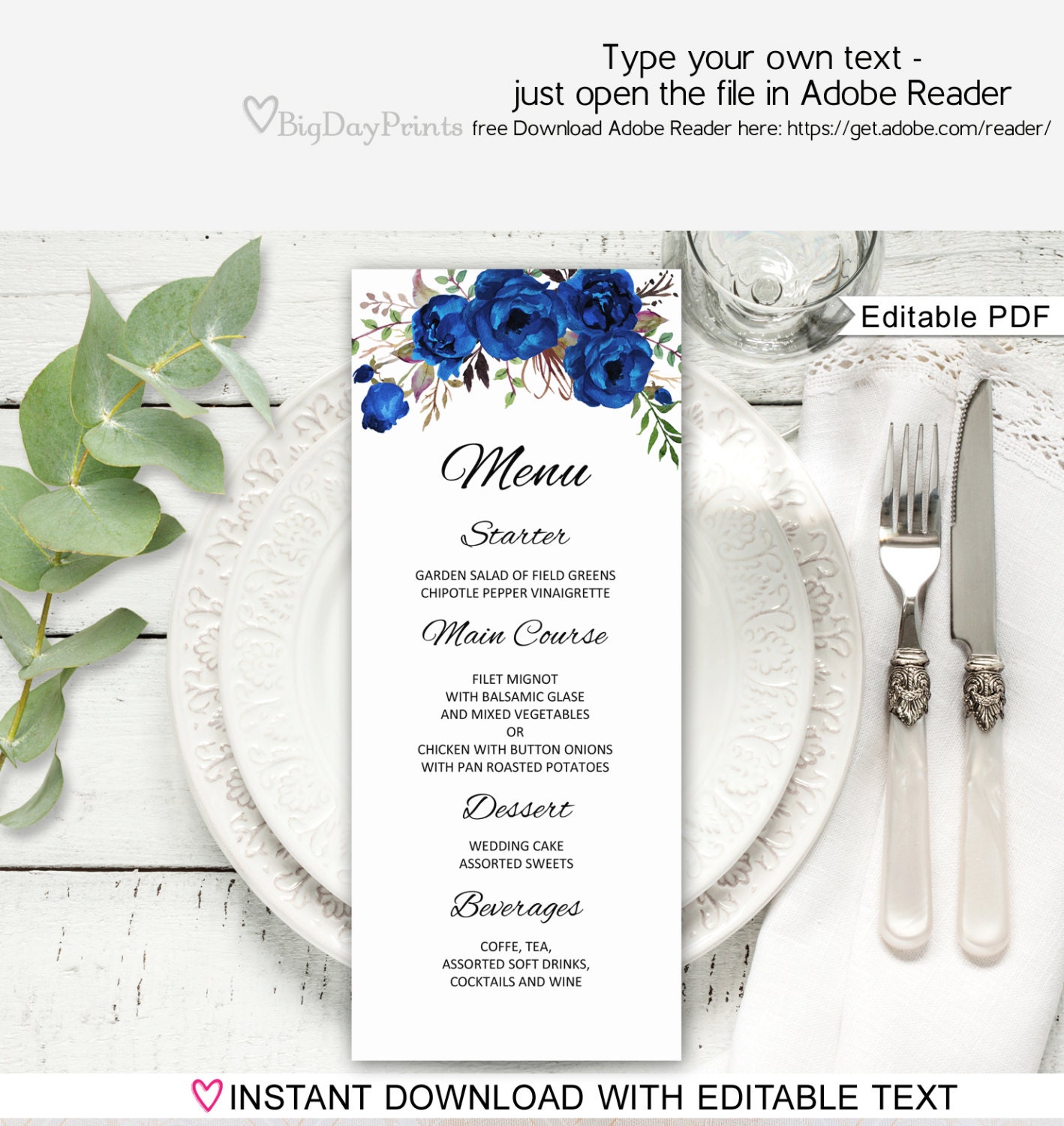 Wedding Menu Template Royal Blue Wedding Menu Blue Floral | Etsy