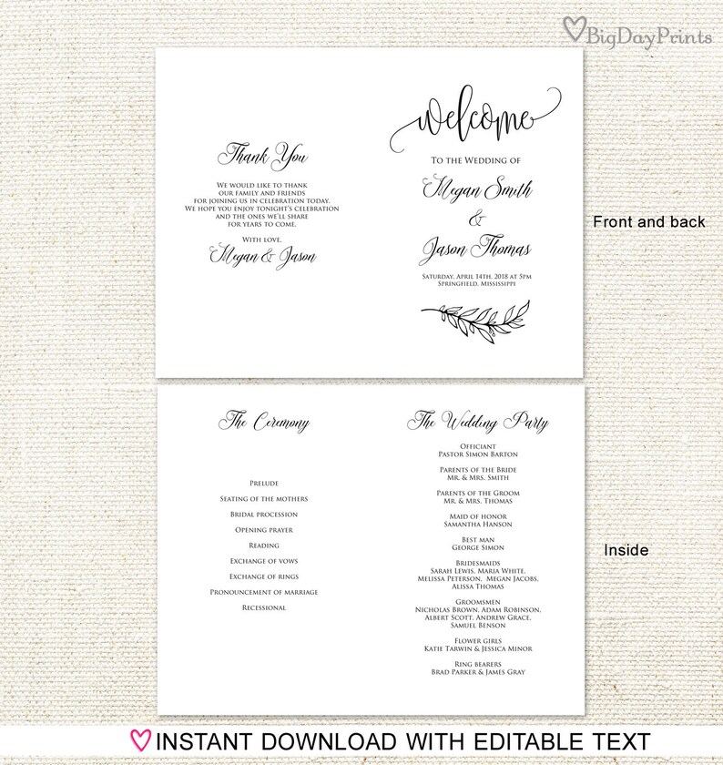 Folded Wedding Program Template Ceremony Program Printable | Etsy