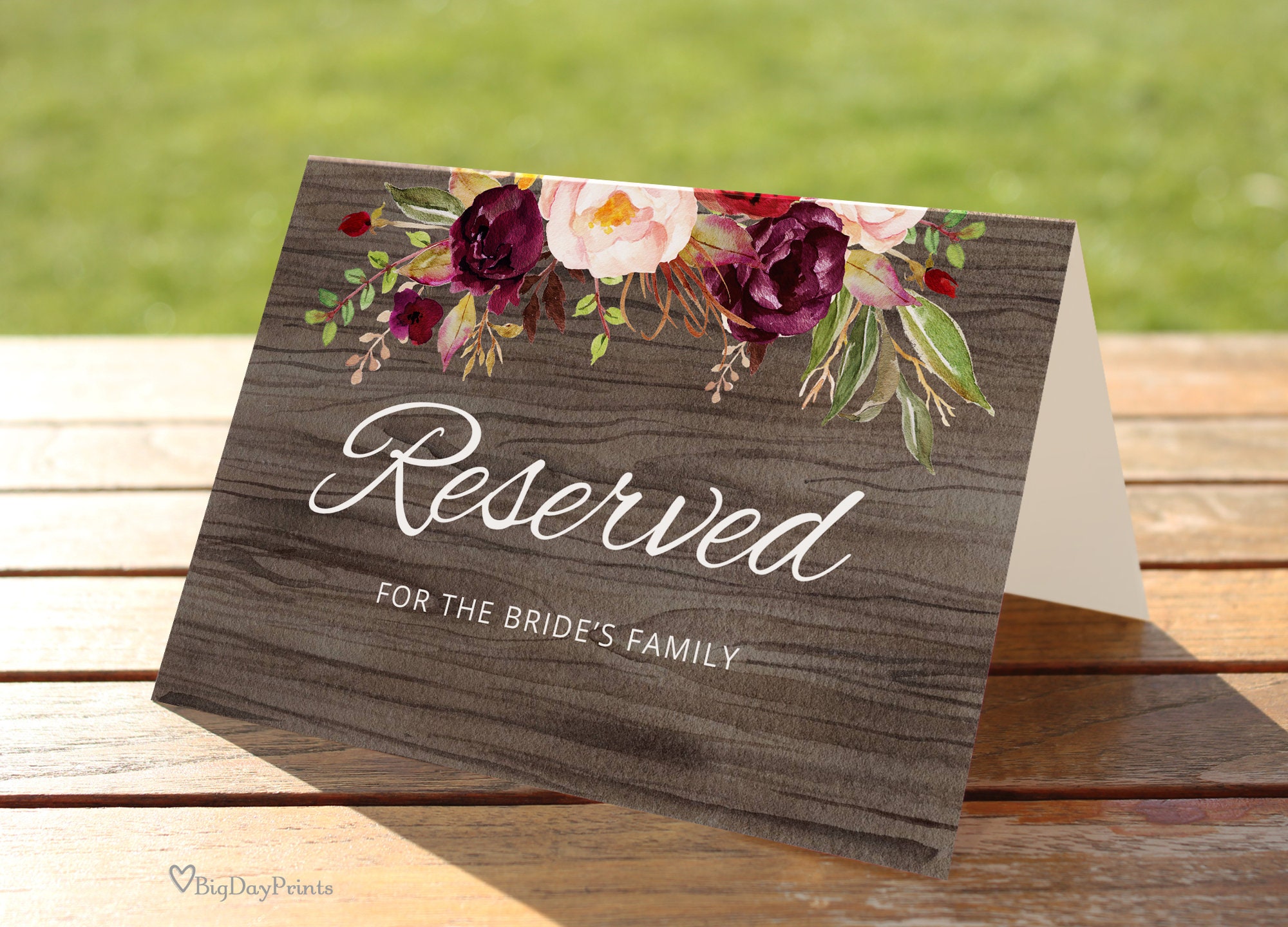 Rustic Wedding Reserved Sign Printable Burgundy Wedding | Etsy