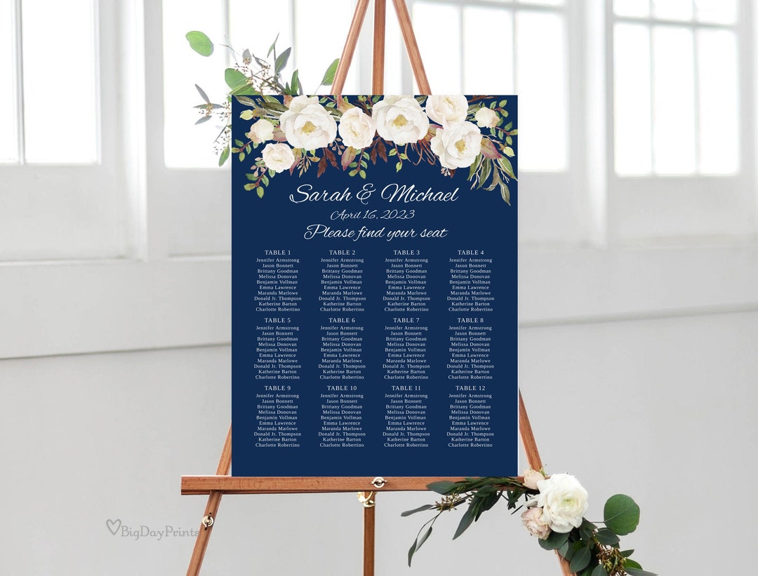 Navy Wedding Seating Chart Template, Boho Chic Wedding Table Plan, Blue ...