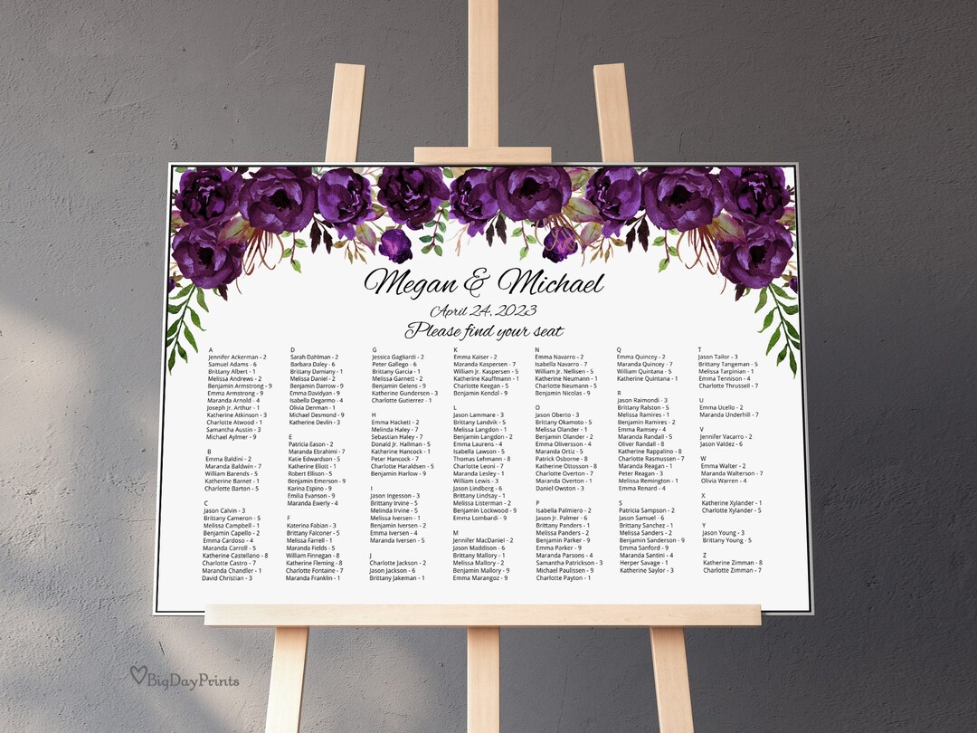 Eggplant Wedding Seating Chart Template, by Alphabet, Boho Chic Wedding ...