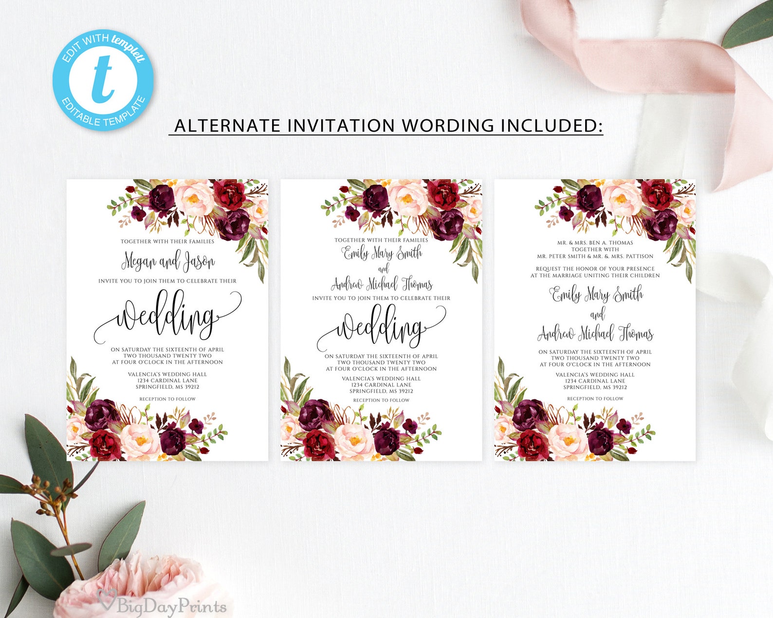 Burgundy Wedding Invitation Template Floral Wedding - Etsy