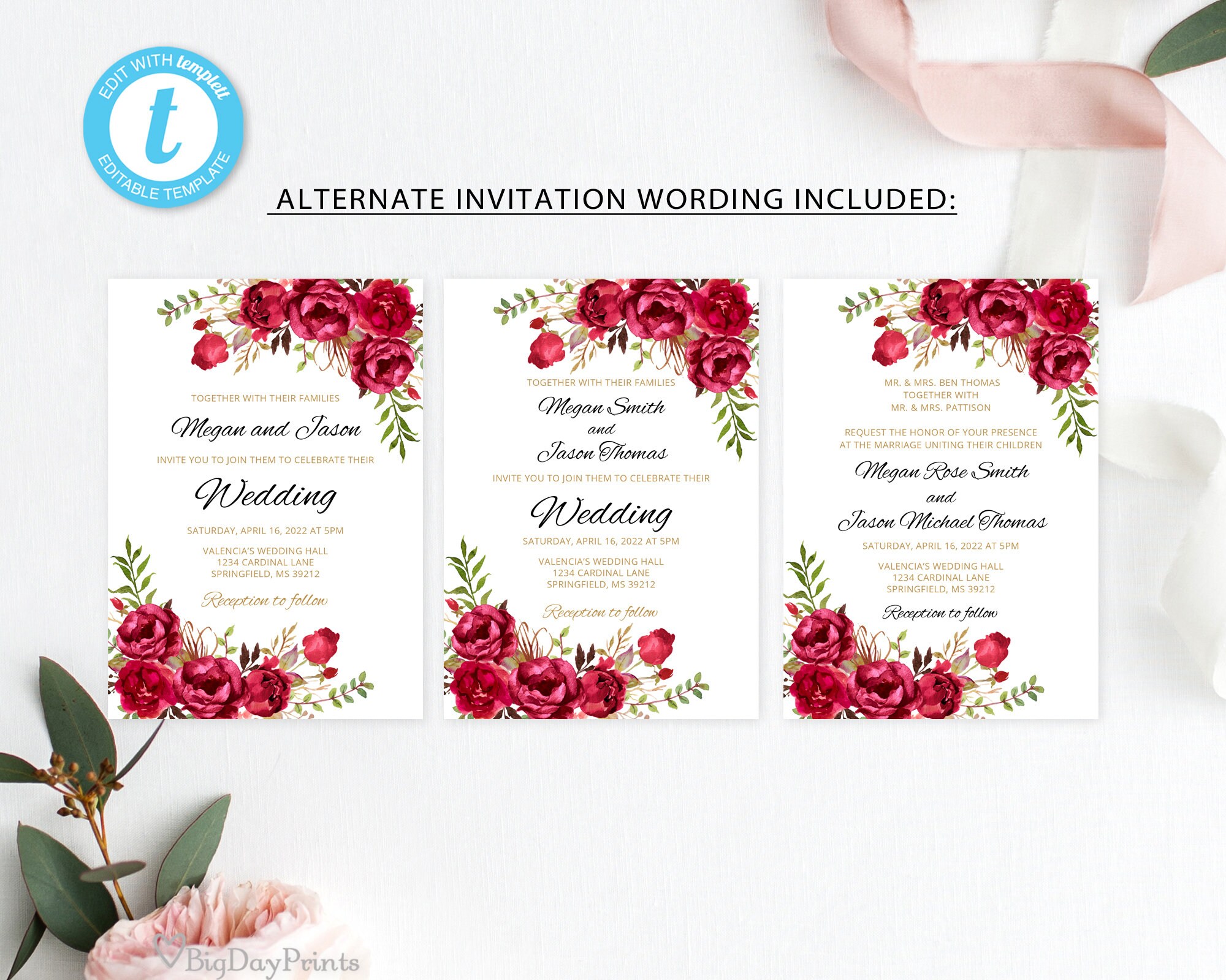 Red Wedding Invitation Template Bohemian Wedding Invitation | Etsy