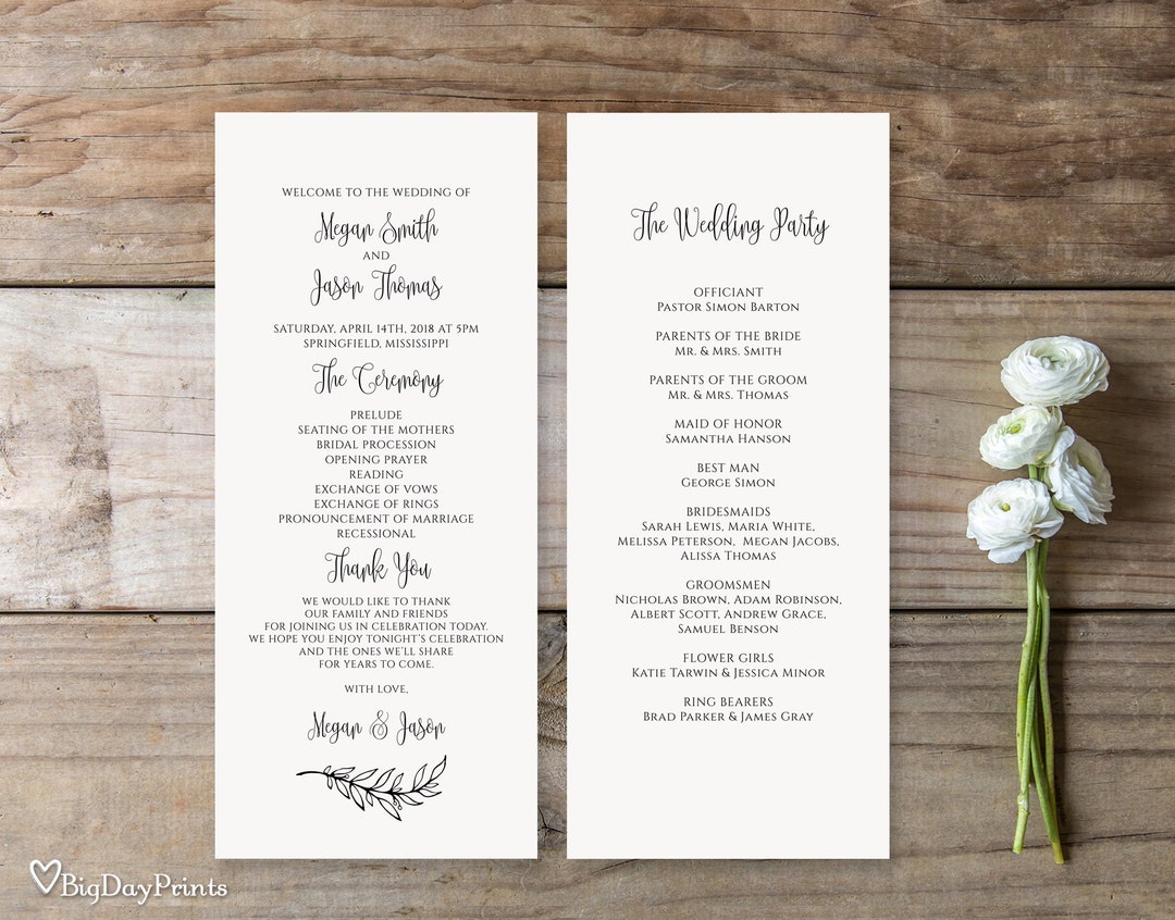 Wedding Program Template, Ceremony Program Printable, Calligraphy ...