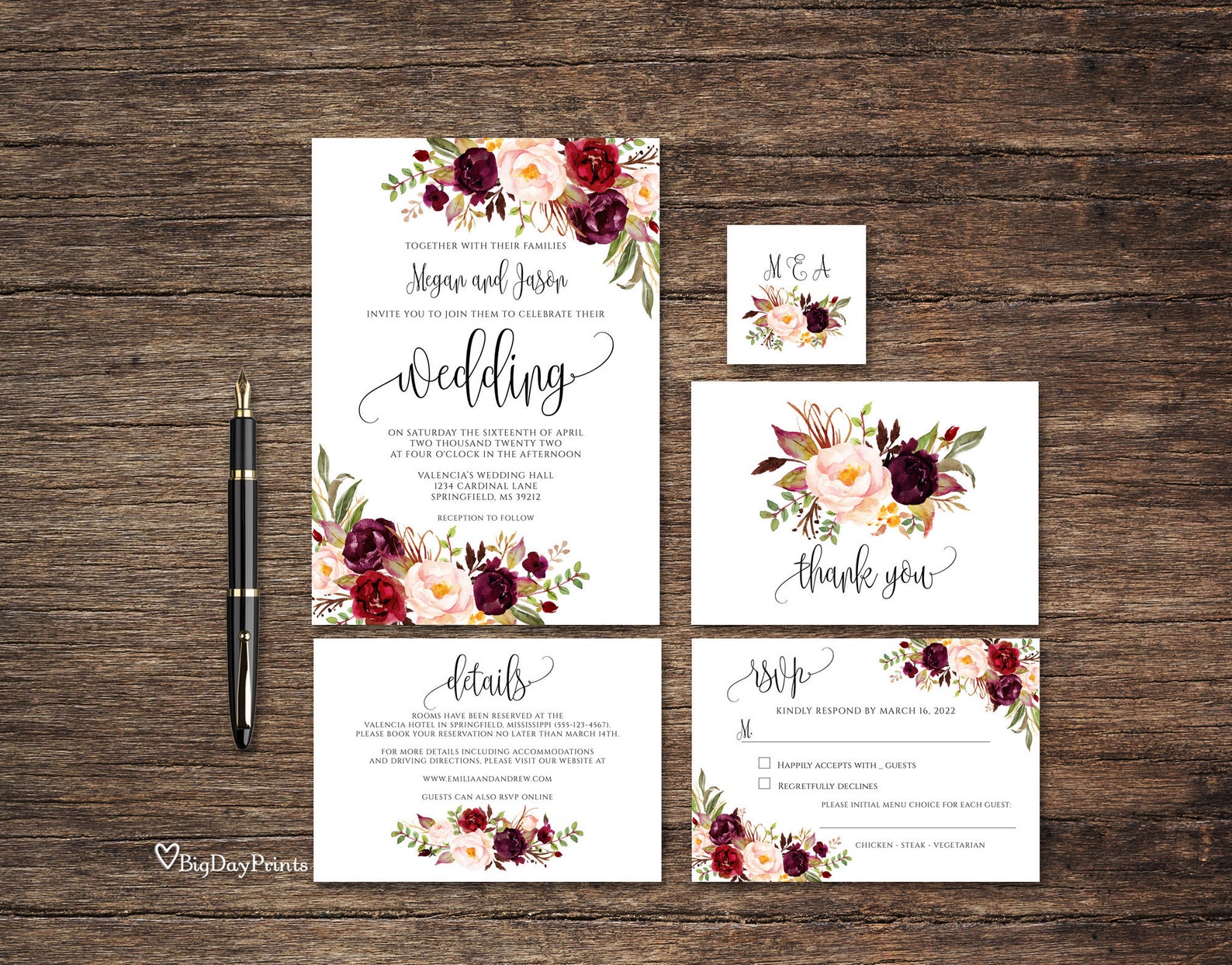 Burgundy Wedding Invitation Template, Floral Wedding Invitation Suite ...