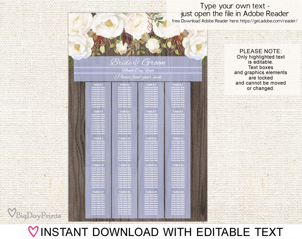 Rustic Wedding Seating Chart Template Boho Chic Floral | Etsy