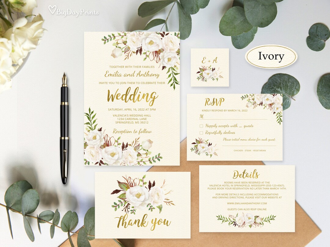 Ivory Wedding Invitation Template, Boho Chic Wedding Invite Suite, Gold ...