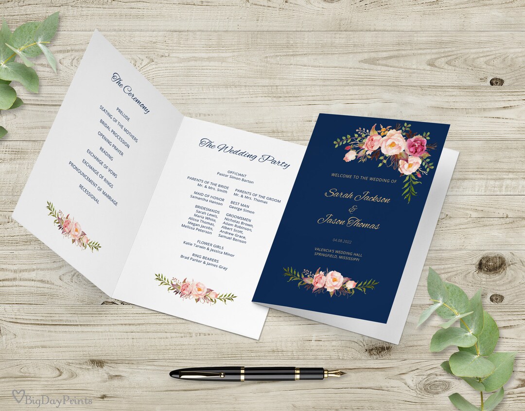 Navy Wedding Program Template, Navy Ceremony Program Printable, Folded ...