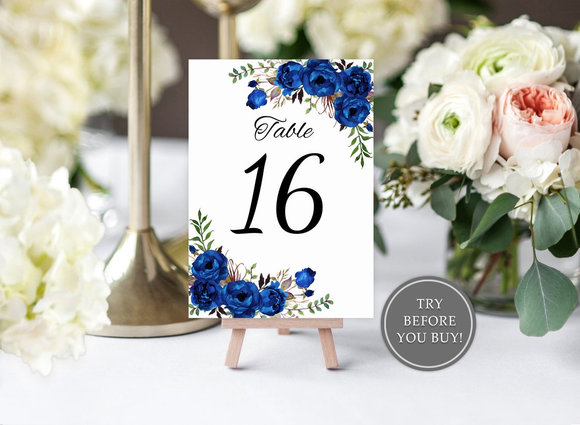 Royal Blue Wedding Table Numbers Floral Table Numbers | Etsy