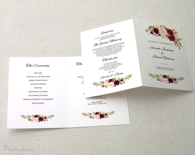 Bi-fold Wedding Program Template, Burgundy Wedding Program Template ...