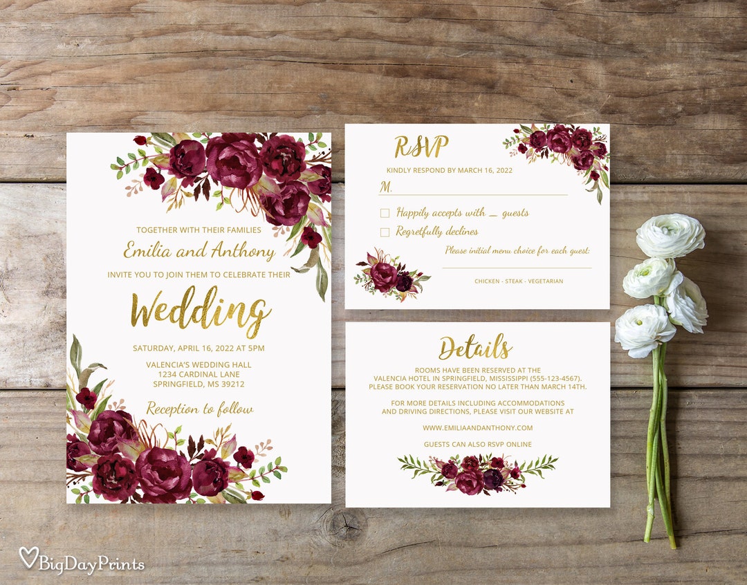 Wine Wedding Invitation Template, Boho Chic Wedding Invite, Marsala ...