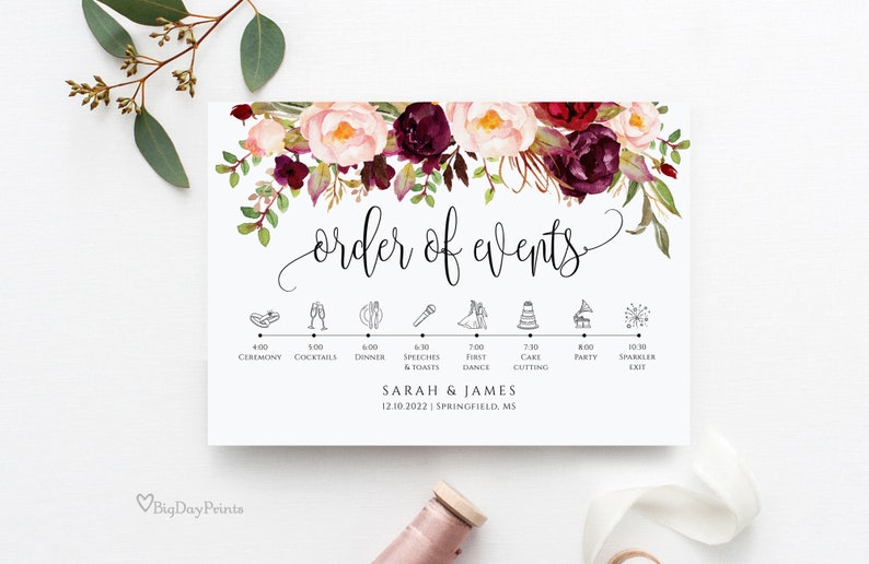 Burgundy Wedding Order of Events Card Template Wedding - Etsy