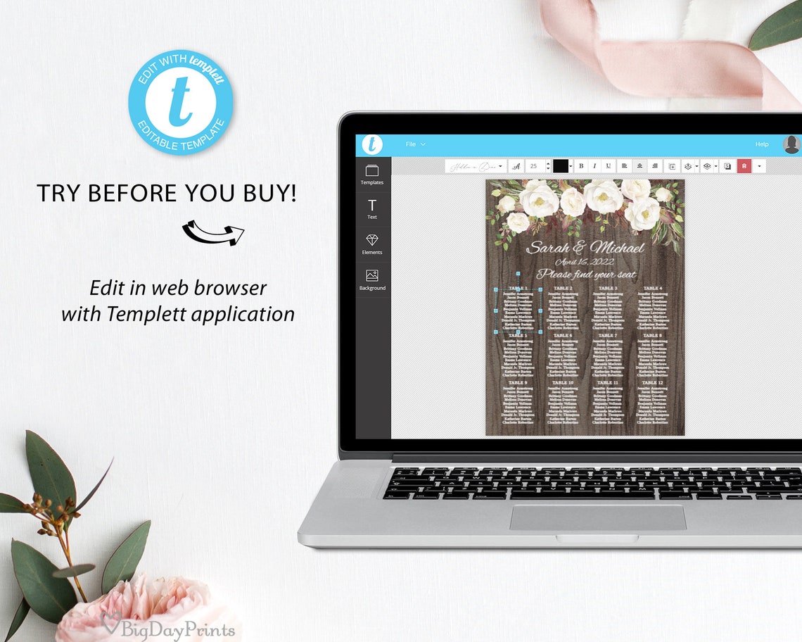 Rustic Wedding Seating Chart Template Boho Chic Floral - Etsy