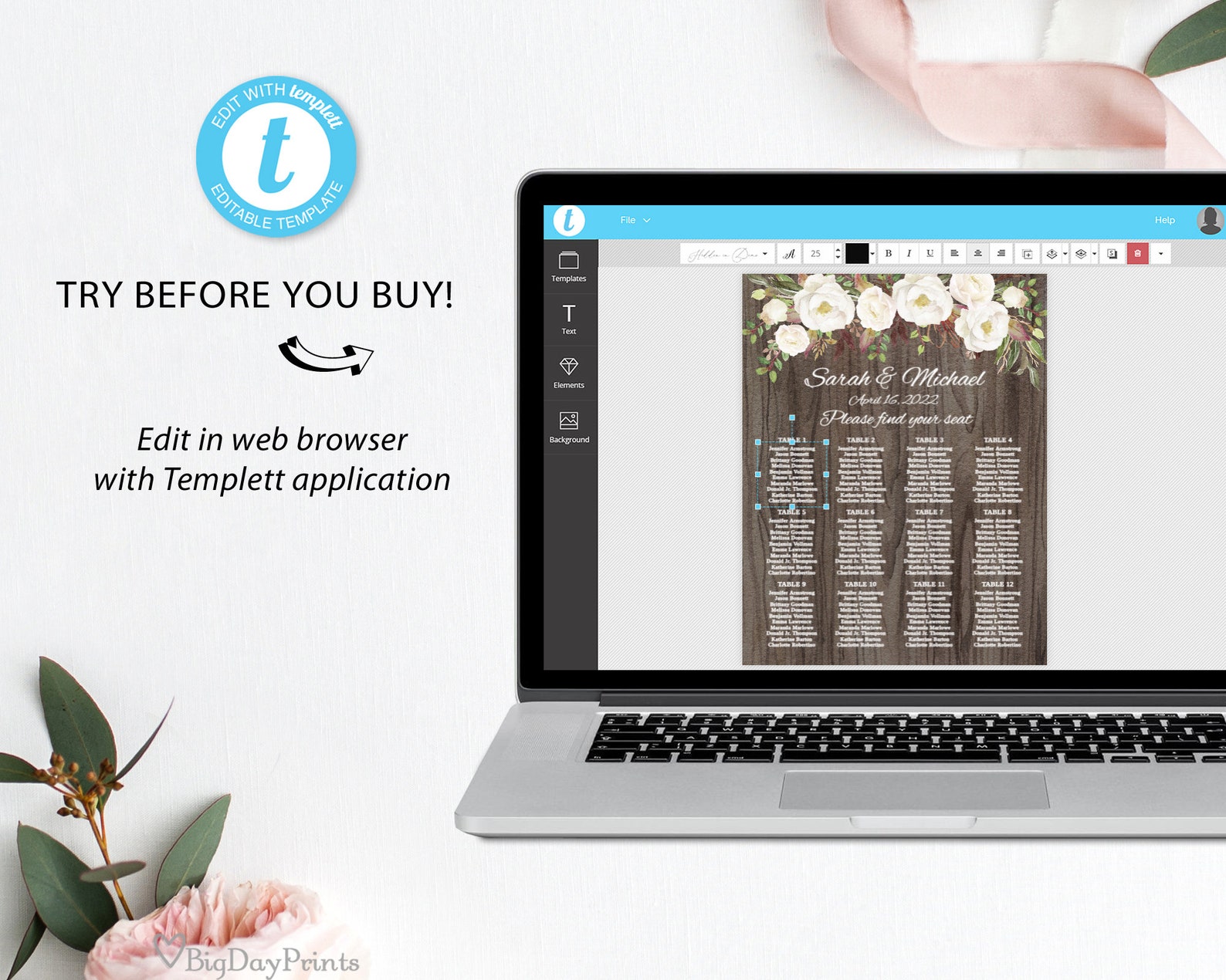 Rustic Wedding Seating Chart Template Boho Chic Floral - Etsy