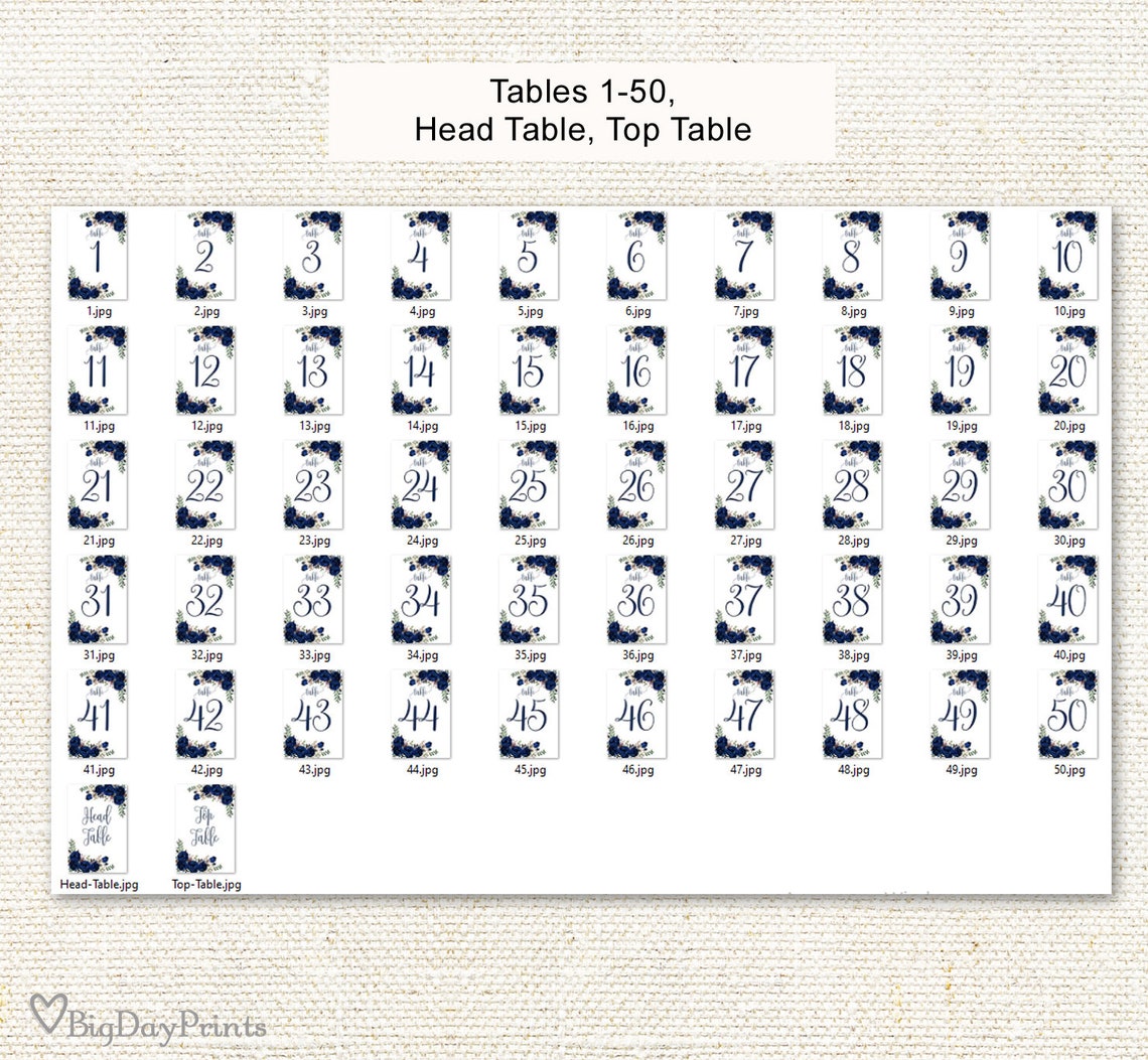 Wedding Table Numbers Navy Table Numbers Printable Wedding - Etsy
