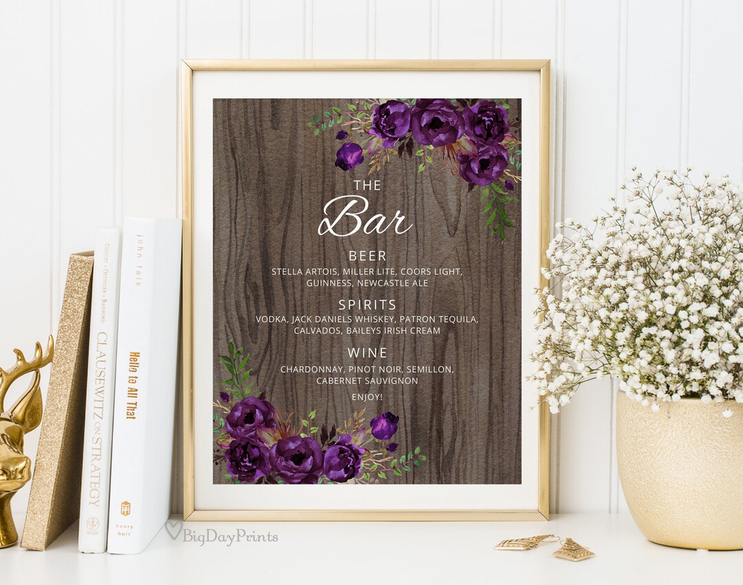 The Bar Menu Sign, Purple Bar Menu Sign, Bar Sign, Drink Menu ...