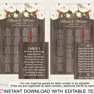 Rustic Wedding Seating Chart Template Boho Chic Floral | Etsy