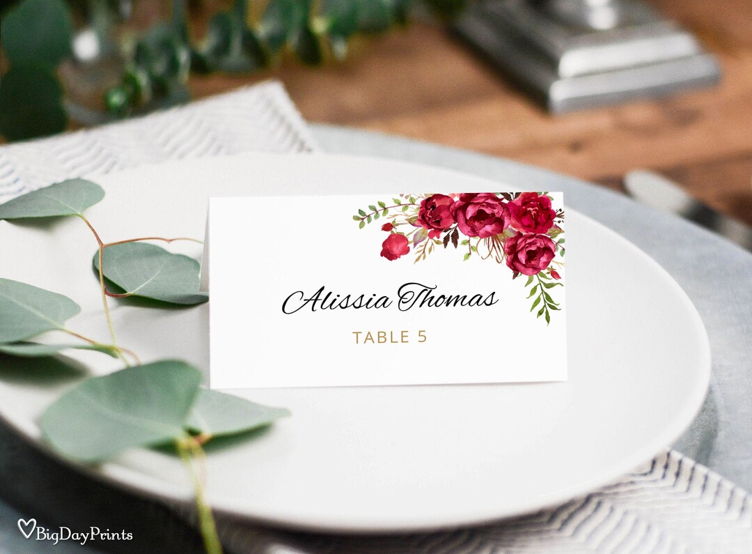 Red Wedding Place Card Template, Printable Place Card, Seating Cards ...