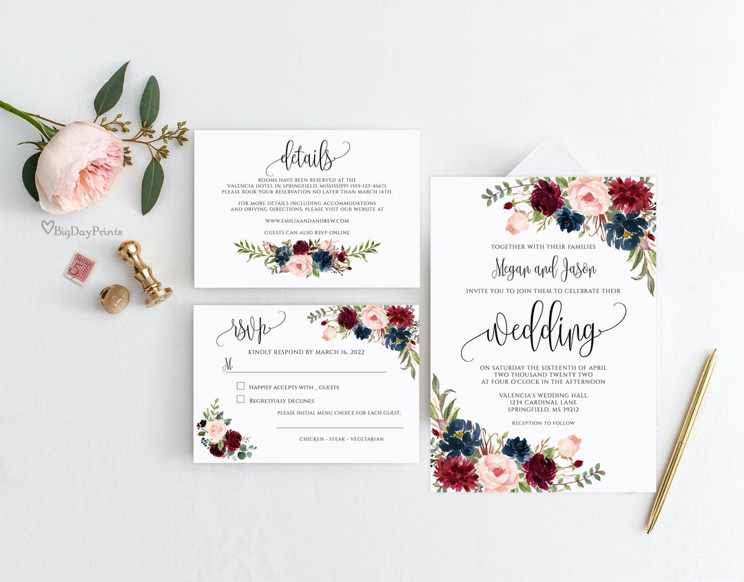 Plantilla de invitación de boda de Borgoña, Suite de invitación de boda ...