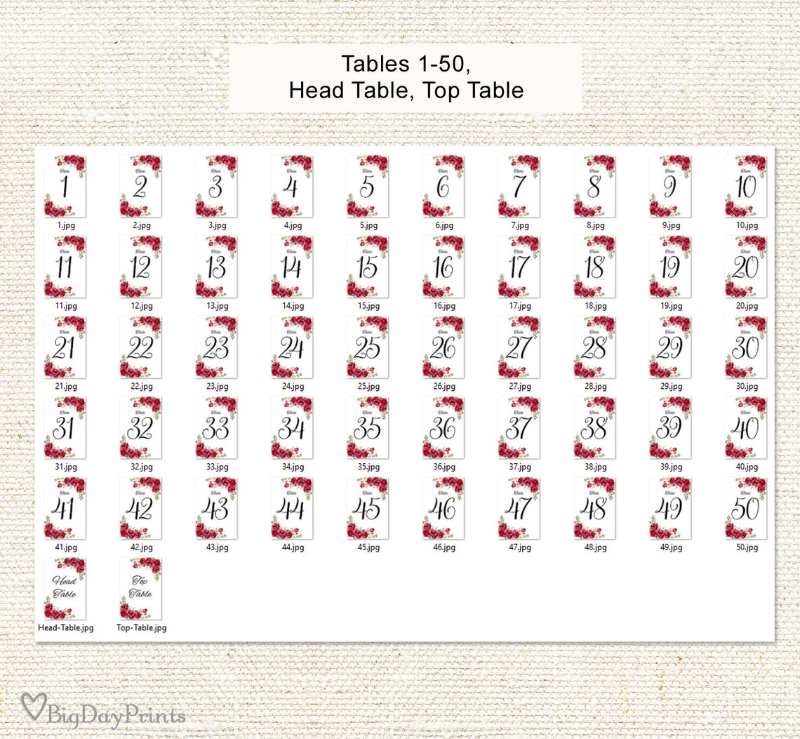 Wedding Table Numbers Red Table Numbers Printable Wedding - Etsy