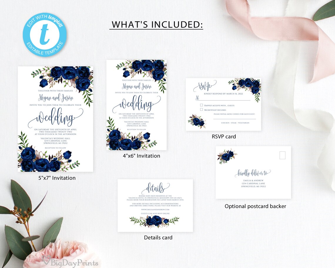 Navy Wedding Invitation Template Blue Wedding Invitation - Etsy