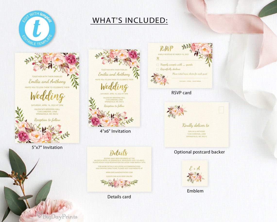 Ivory Floral Wedding Invitation Template Gold Bohemian | Etsy