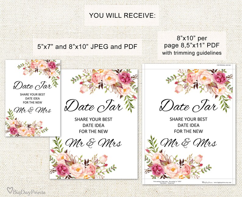 Date Jar Sign Date Night Ideas Printable Wedding Sign Date | Etsy