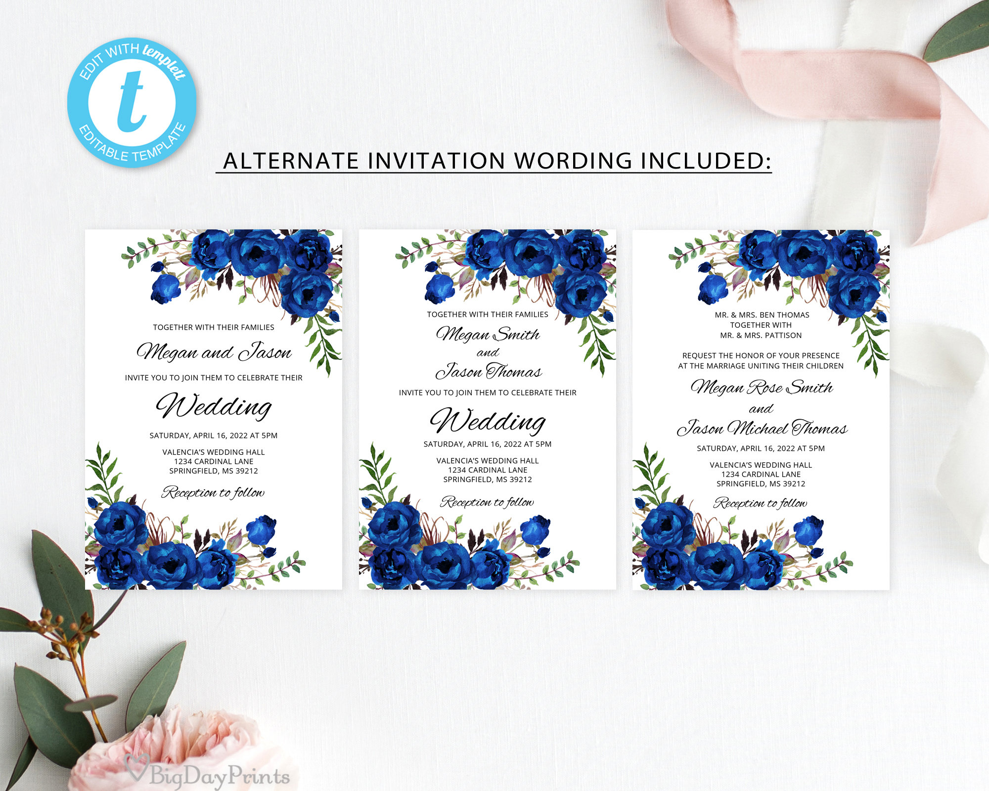 Blue Wedding Invitation Template Royal Blue Wedding - Etsy