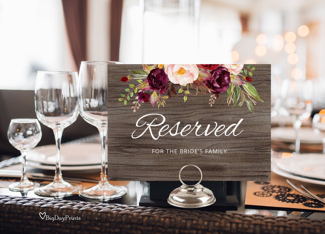 Rustic Wedding Reserved Sign Printable, Burgundy Wedding Reserved Table ...