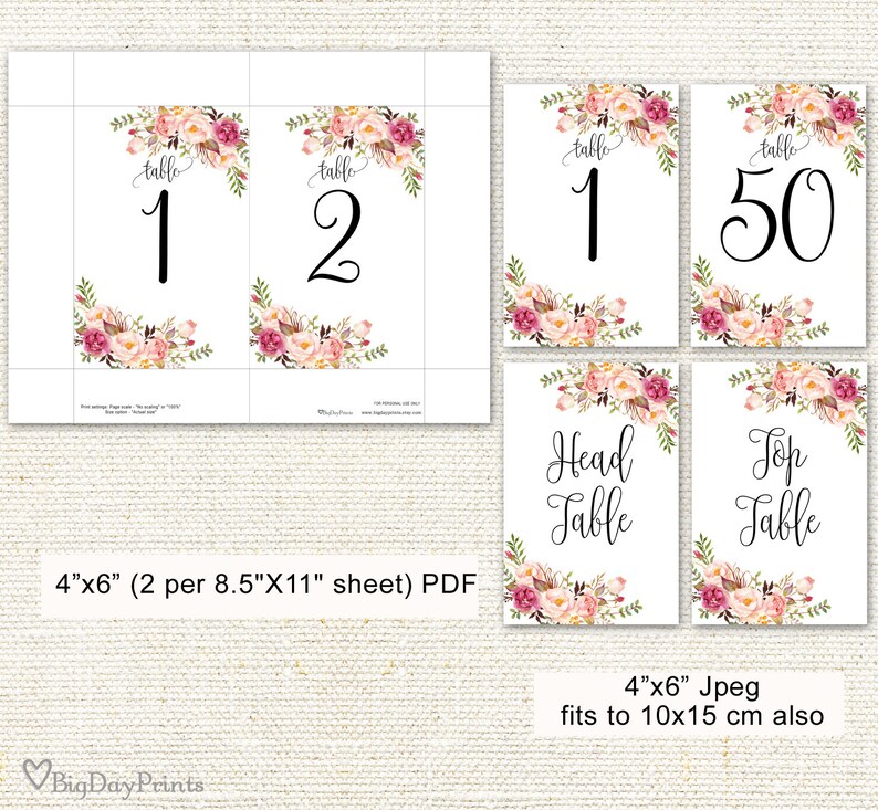 Wedding Table Numbers Floral Table Numbers Printable Wedding - Etsy