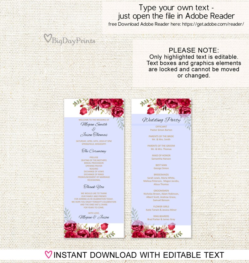 Red Wedding Program Template Ceremony Program Printable | Etsy