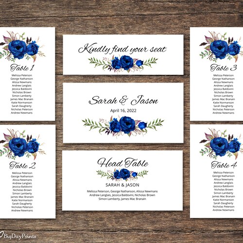 Royal Blue Wedding Seating Chart Template Seating Cards Blue - Etsy