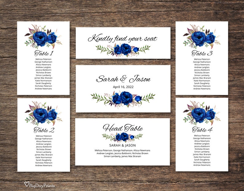 Royal Blue Wedding Seating Chart Template, Seating Cards, Blue Wedding ...