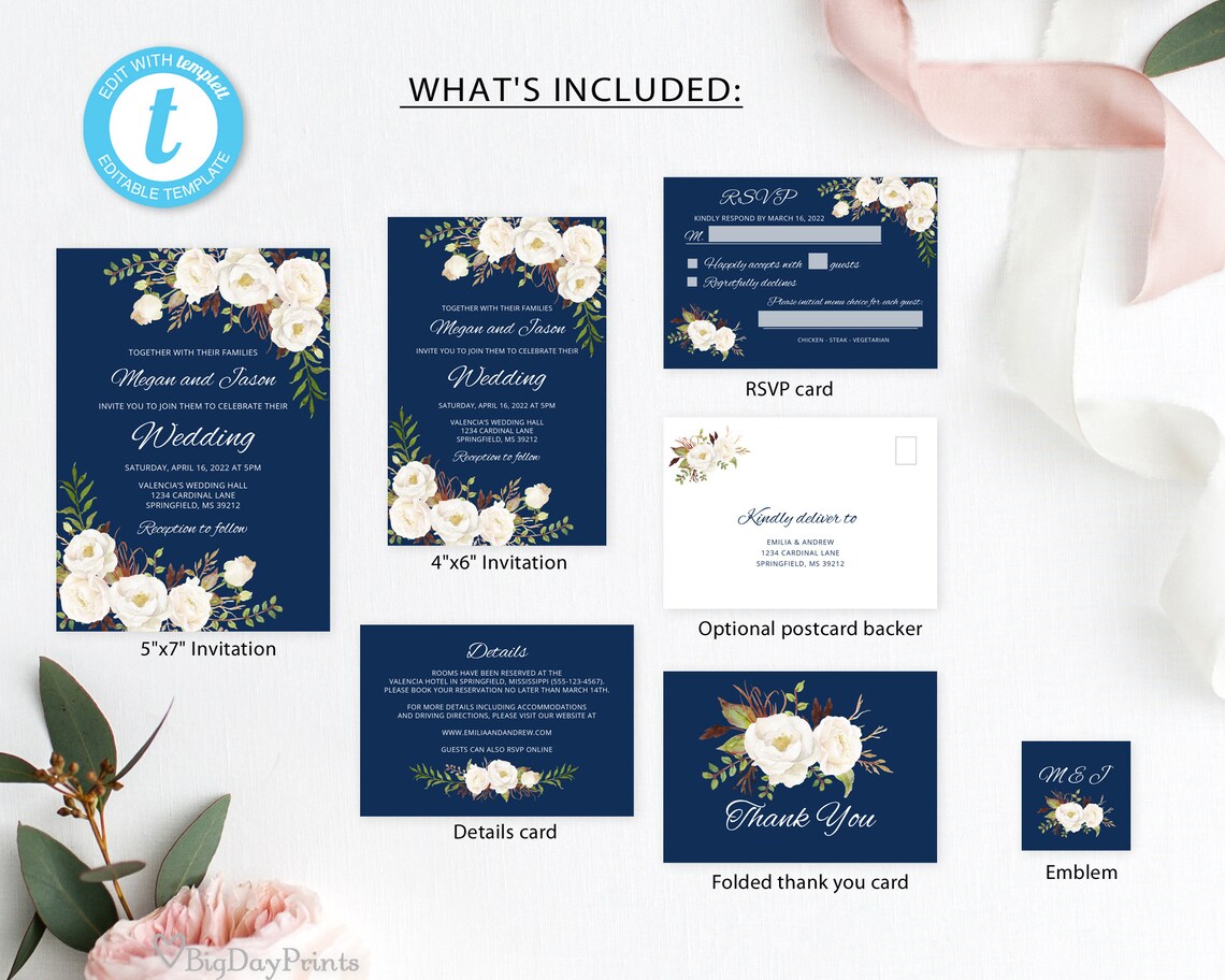 Navy Wedding Invitation Template Wedding Invitation Suite - Etsy