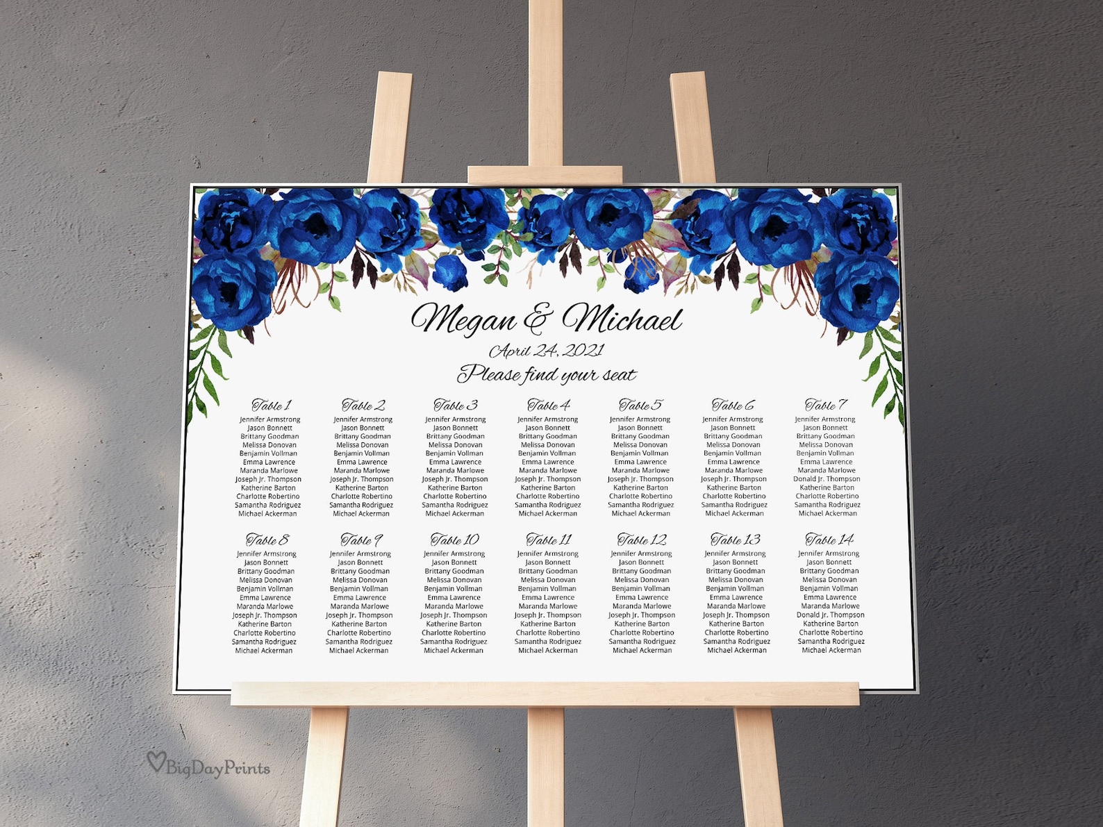 Royal Blue Wedding Seating Chart Template, Boho Chic Floral Wedding ...
