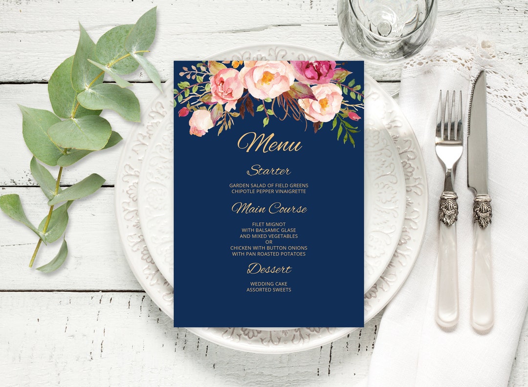 Blue Wedding Menu Template, Navy Floral Wedding Menu Card, Wedding Menu ...