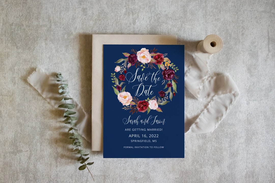 Navy Wedding Save the Date Template, Floral Wedding Save the Date ...