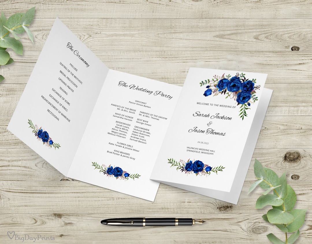 Royal Blue Wedding Program Template, Ceremony Program, Foldable Wedding ...