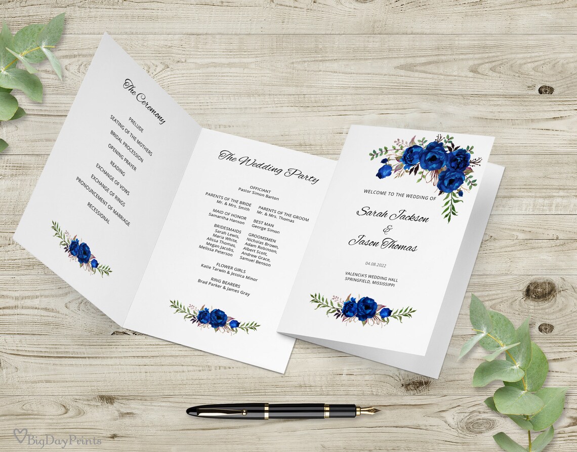 Royal Blue Wedding Program Template Ceremony Program - Etsy
