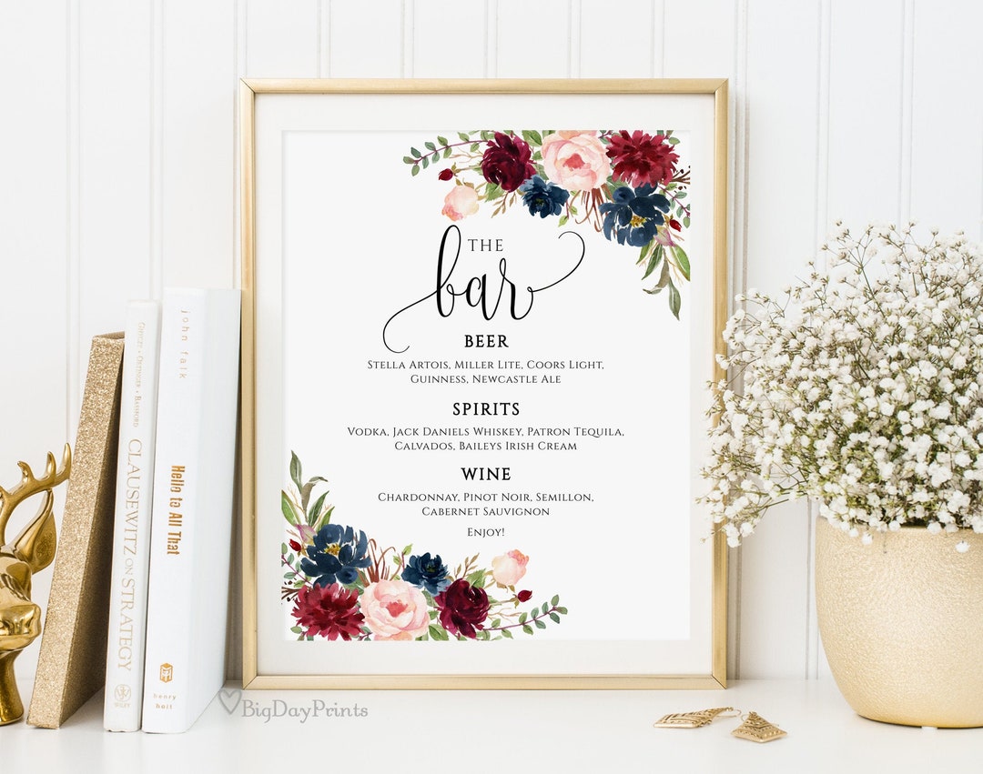 The Bar Menu Sign, Bar Sign, Drink Menu, Cocktails Sign, Wedding Bar ...