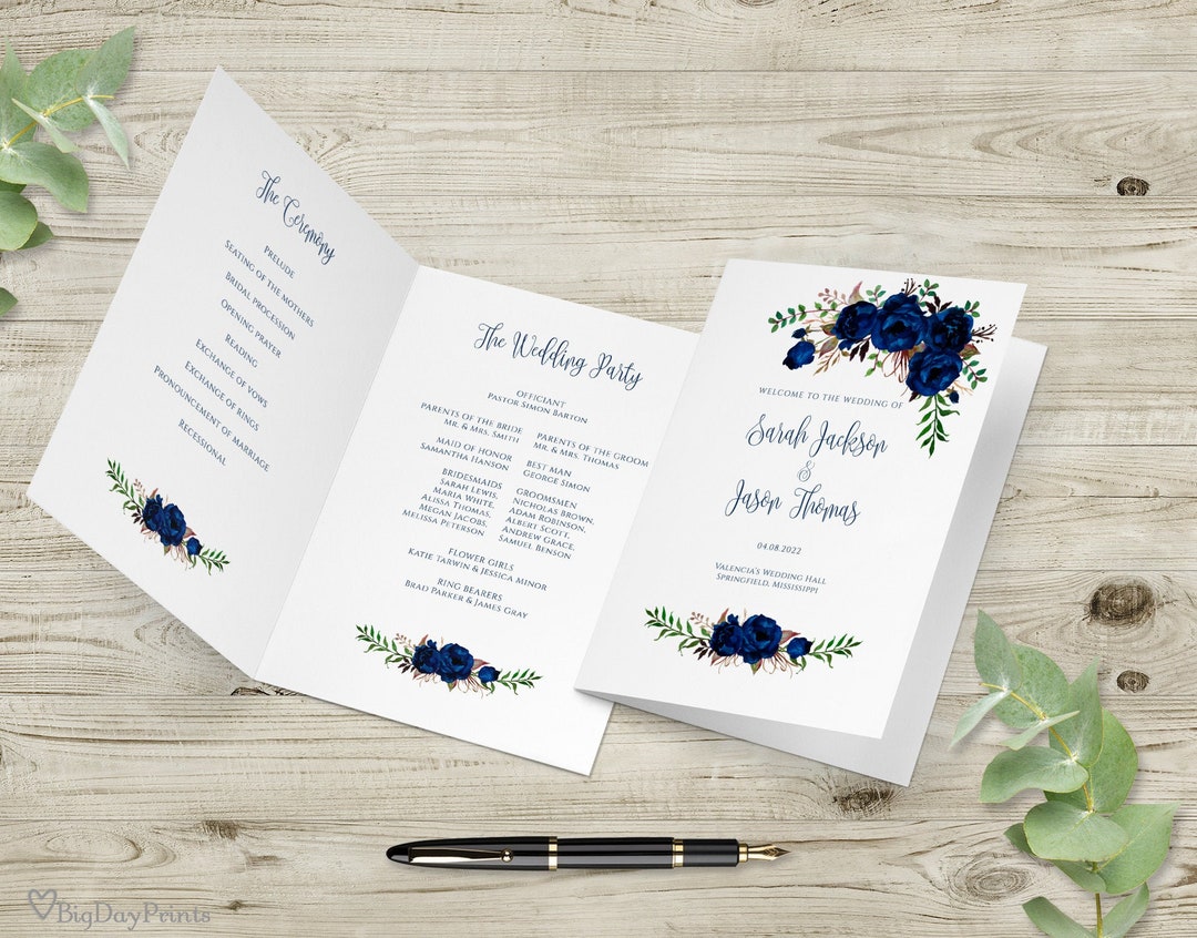 Navy Wedding Program Template, Foldable Ceremony Program Printable ...