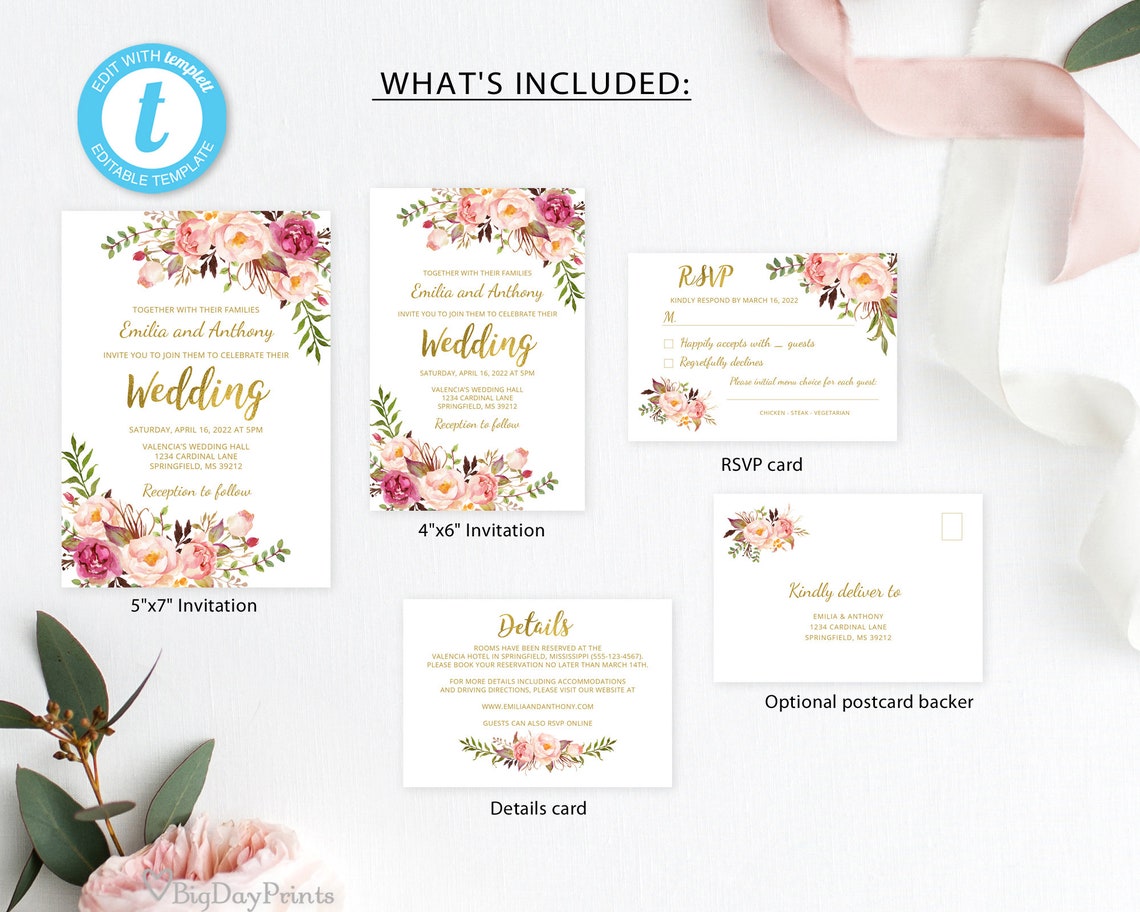 Pink and Gold Wedding Invitation Template, Floral Boho Chic Wedding ...