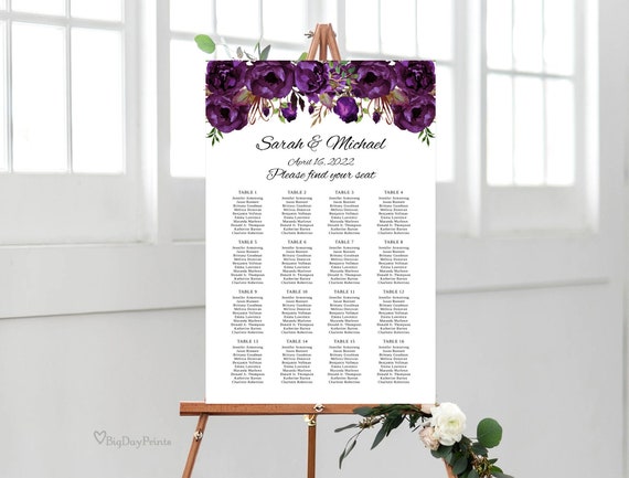 Eggplant Wedding Seating Chart Template Boho Chic Floral | Etsy