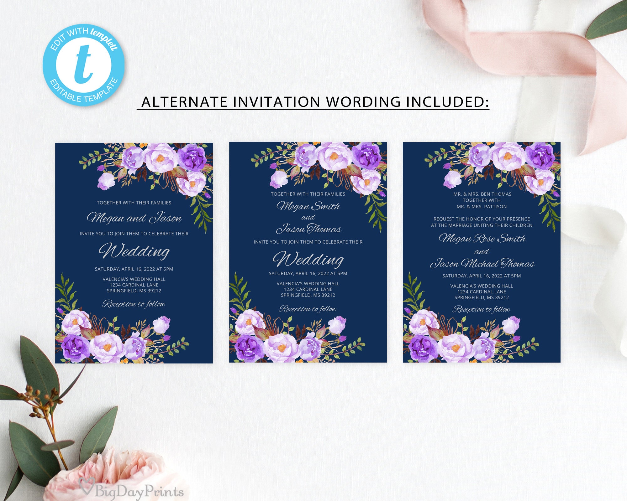 Navy and Purple Wedding Invitation Template Purple and Silver | Etsy