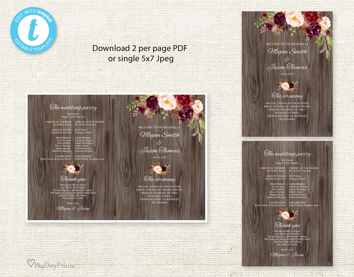 Fan Wedding Program Rustic Marsala Wedding Fans Template - Etsy