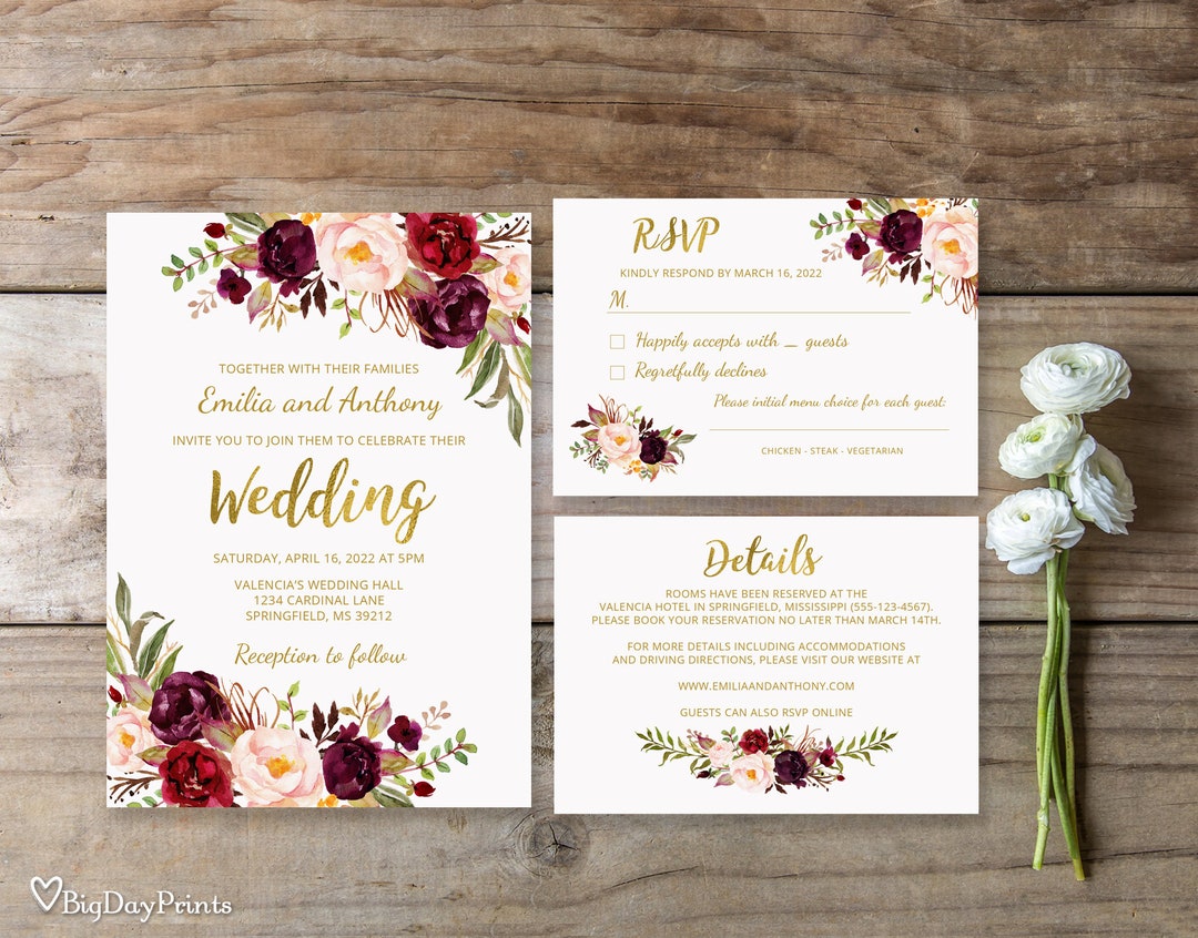 Marsala Wedding Invitation Template, Boho Chic Wedding Suite, Gold Foil ...