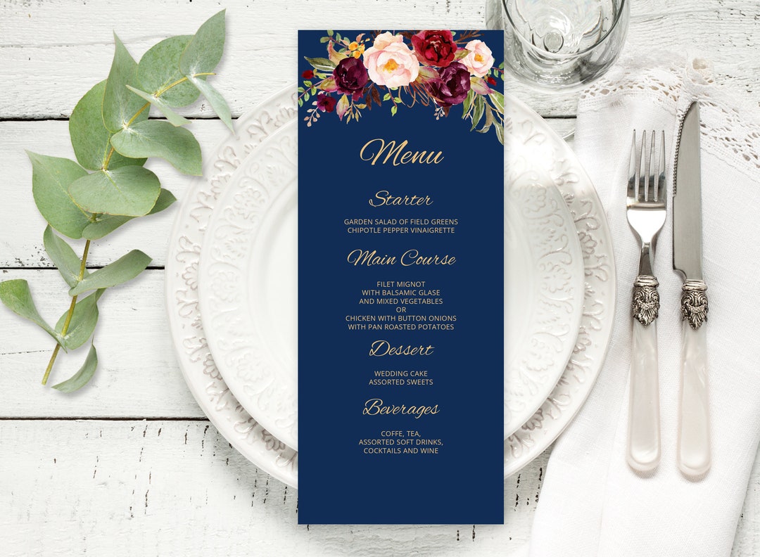 Navy Menu Template, Navy Wedding Menu Card, Wedding Menu Printable ...